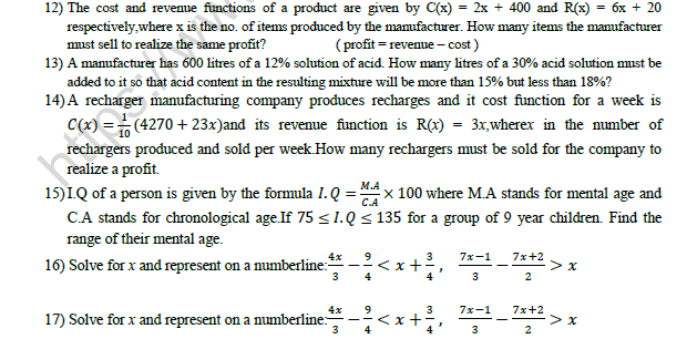 Class 11 Linear Inequalities Printable Worksheets Pdf